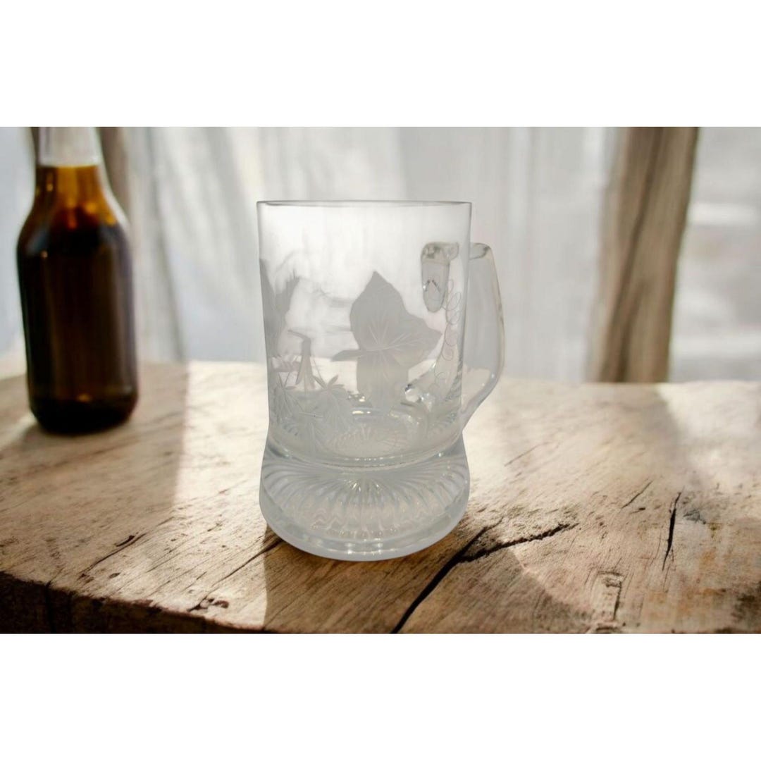 Vintage Clear Glass Etched Whear Design Beer Mug Glass Barware No Lid ...