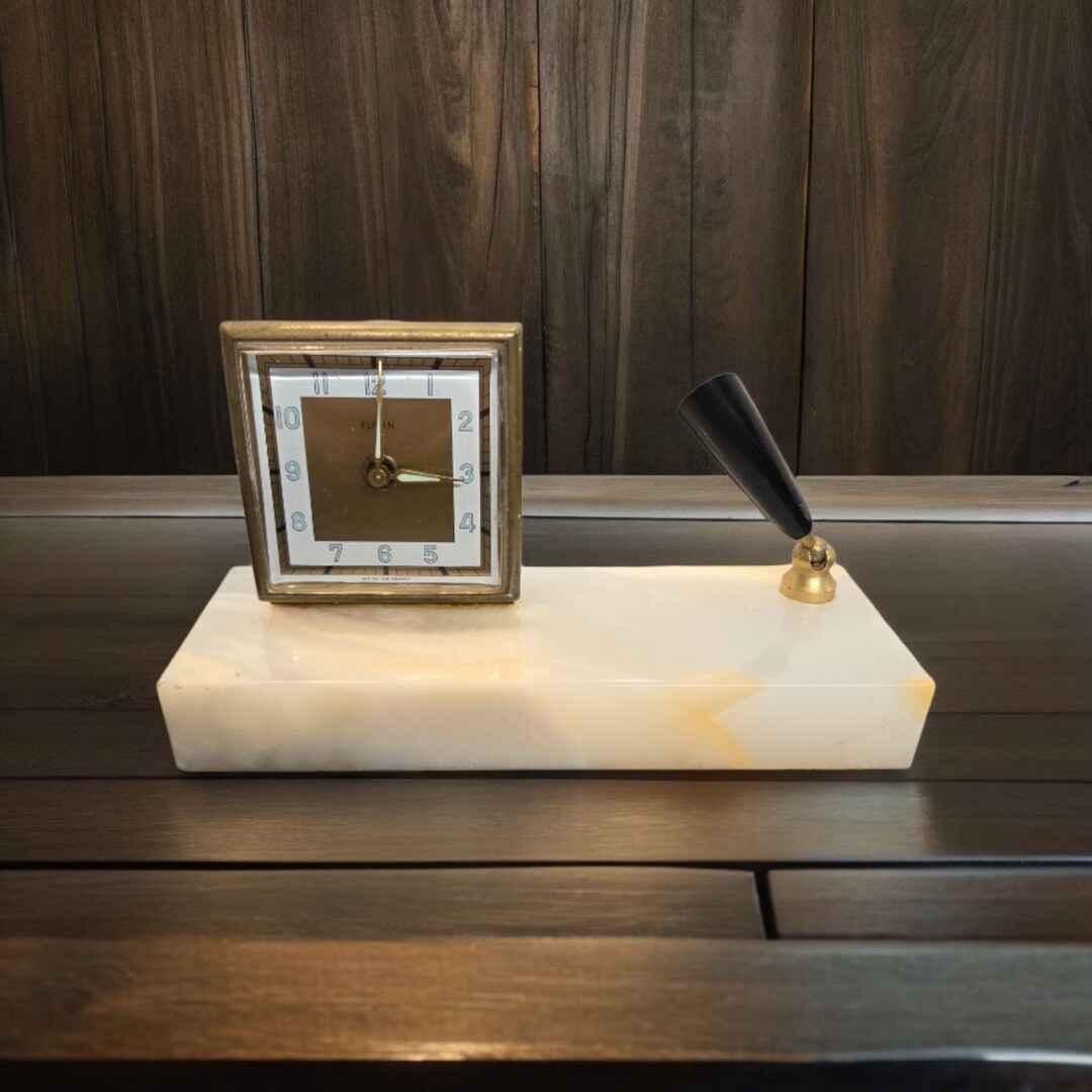 Vintage Florn Clock W Germany Onyx Stand W/pen Holder Desk Set Working ...