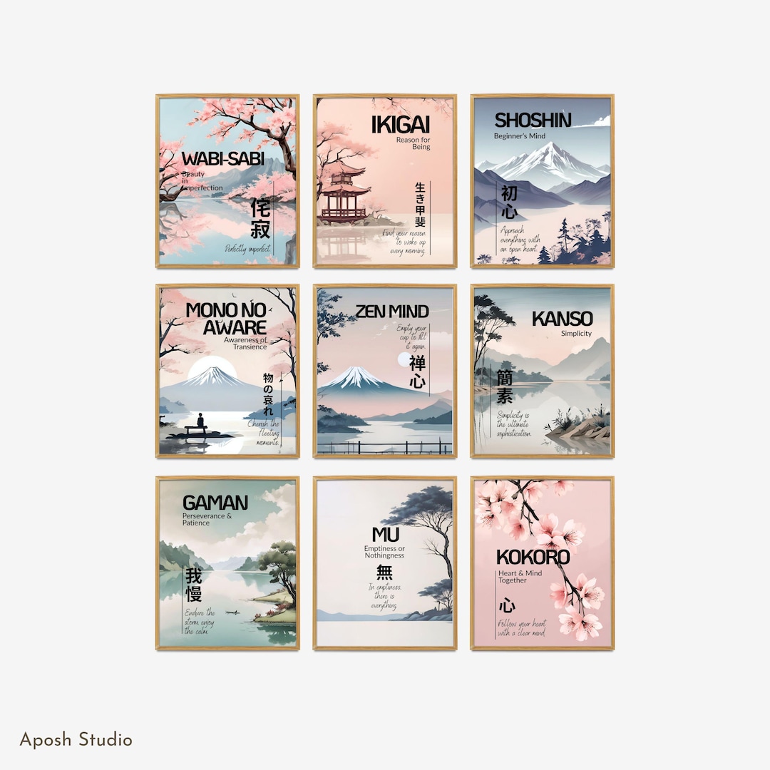 Japanese Philosophy Poster Set, Printable Wall Art Bundle With Kanji ...