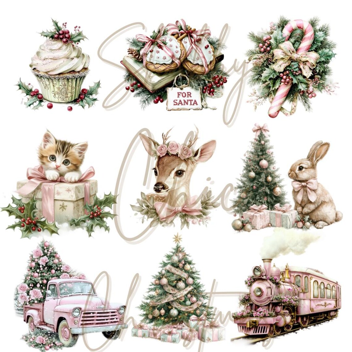 Shabby Chic Vintage Retro Christmas Santa Clipart Bundle | Victorian ...