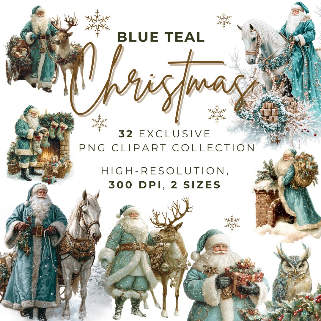 Blue Teal Santa Christmas Scenes Clipart Bundle | Victorian Christmas ...