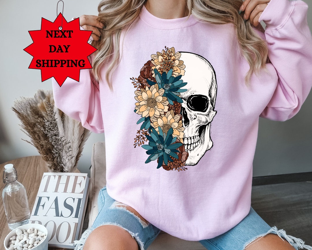 Bloom Skull Sweatshirt, Halloween Sweatshirt, Floral Skull Boho, Womens Fall Sweater, Flower ...