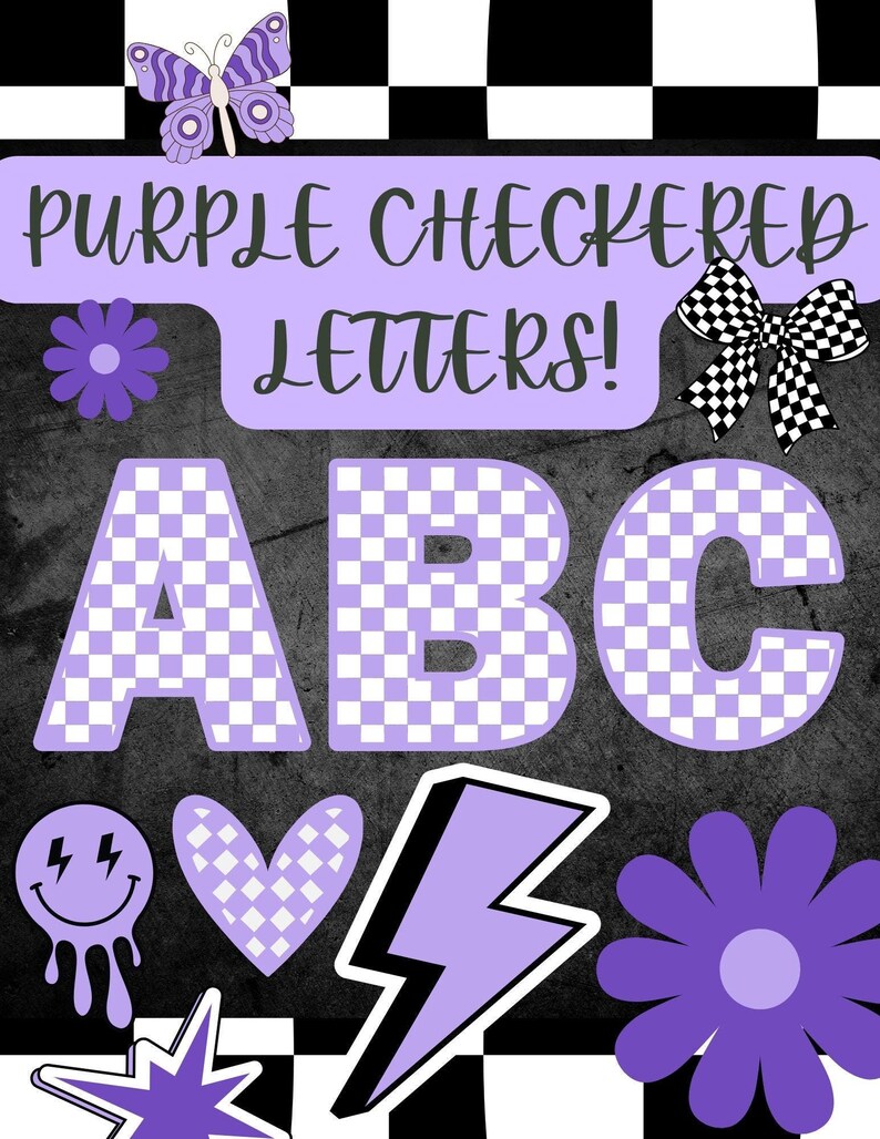 Purple Checkered Classroom Letters | Retro Decor (PDF Download) - Etsy