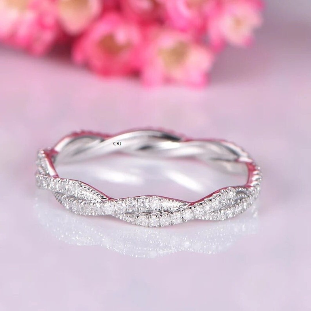 14K Solid Gold Simulated Diamond Twist Ring, CZ Twisted Rope Ring ...