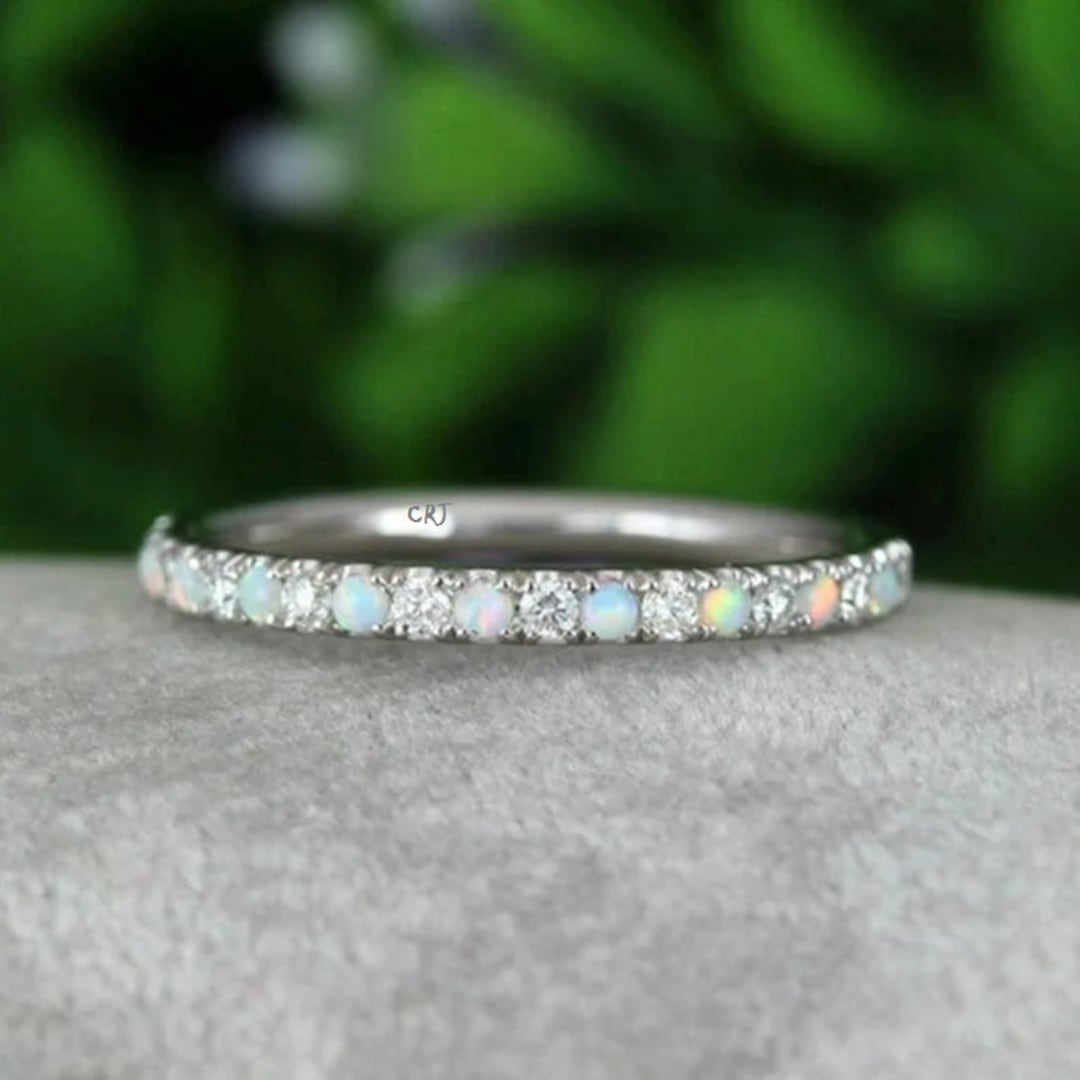 White Opal Diamond Wedding Band,eternity Half Band,rose Gold Opal Ring,2 Mm Thin Opal Wedding ...