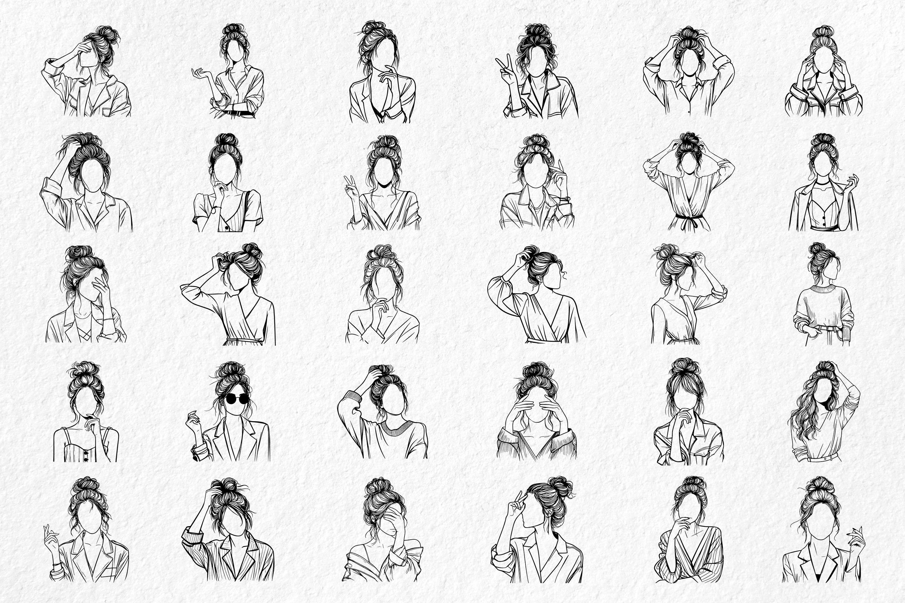 30 Bundle Line Art Beauty Women Model Pose With Messy Bun Hair Art ...