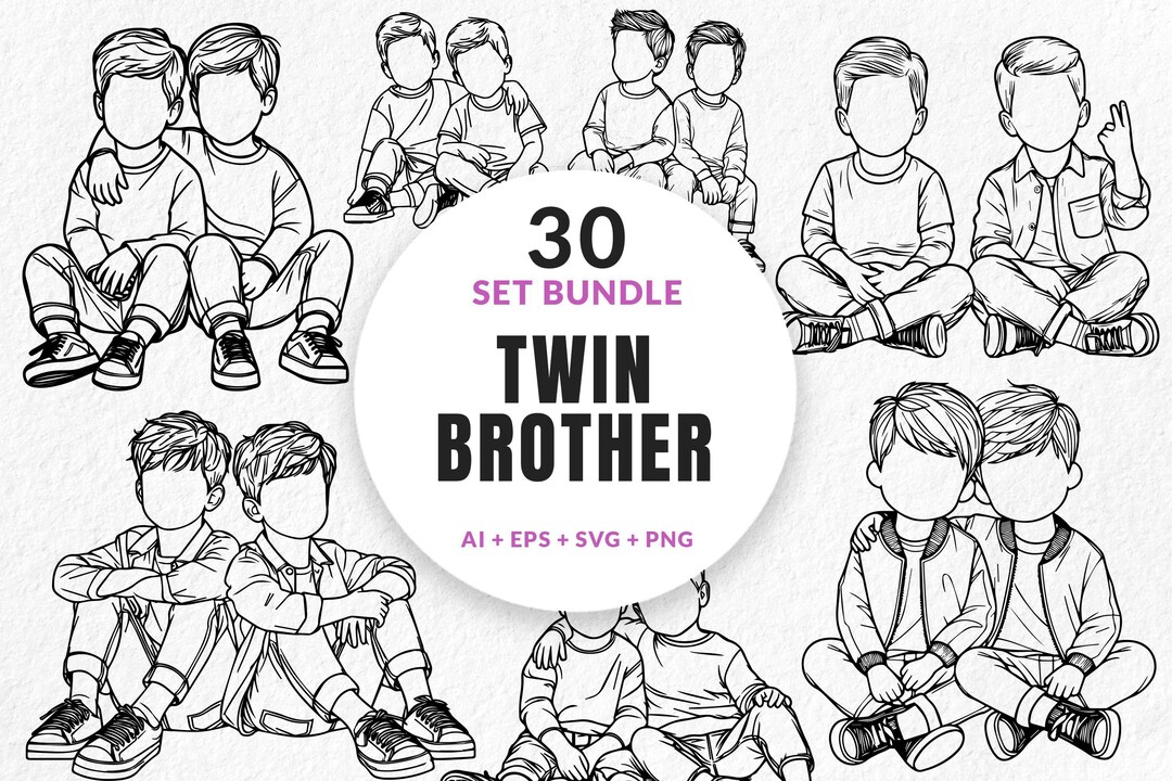 30 Bundle Line Art Love Twin Child Cute Brother Pose Art Black ...