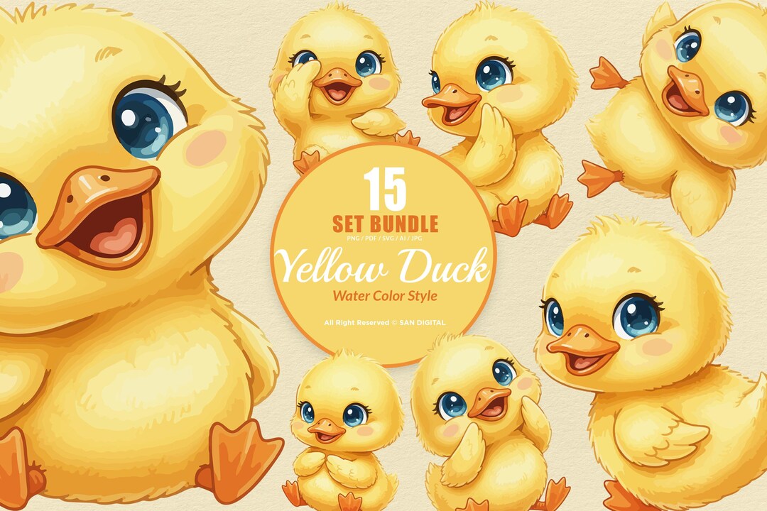 15 Bundle Watercolor Cute Yellow Duck Cute Animal Farm Yellow Duckling ...