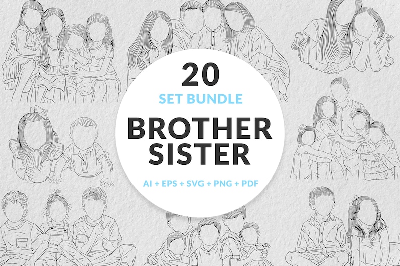 20 Set Bundle Happy Sibling Brother and Sister Kids Child Hand Drawn ...