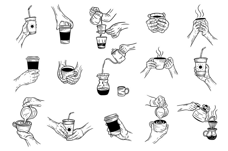 15 Set Bundle Hand Holding Coffee Shop Beverage Drink Cup Line Art Hand ...