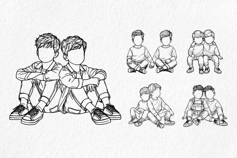 30 Bundle Line Art Love Twin Child Cute Brother Pose Art Black ...