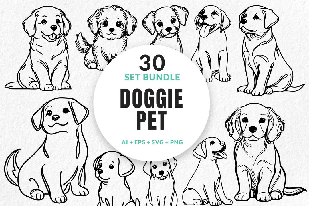 30 Bundle Line Art Playful Small Doggie Pet Sitting Pose Art Hand Drawn ...