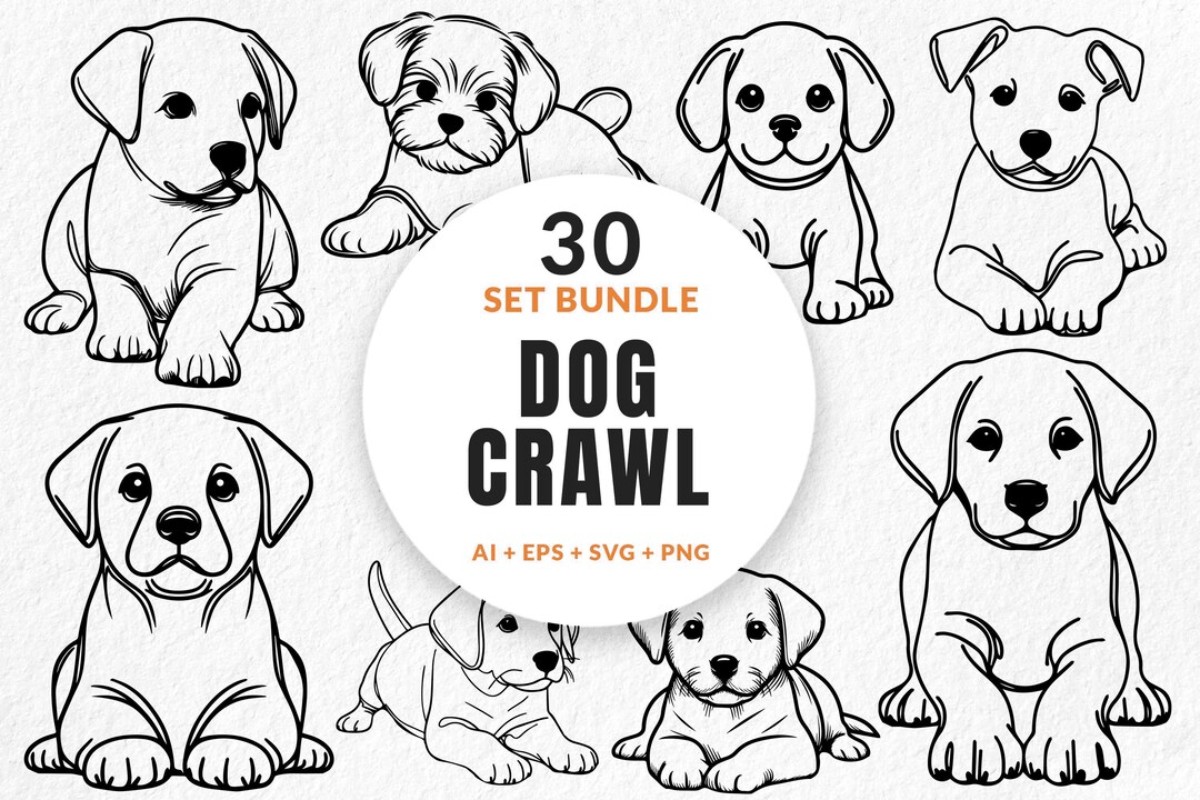 30 Bundle Line Art Playful Small Dog Pet Crawl Pose Art Black White ...