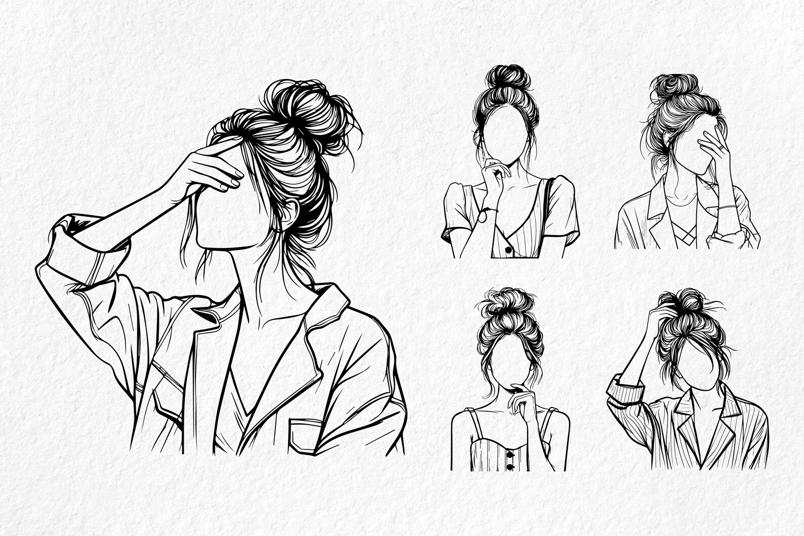 30 Bundle Line Art Beauty Women Model Pose With Messy Bun Hair Art ...
