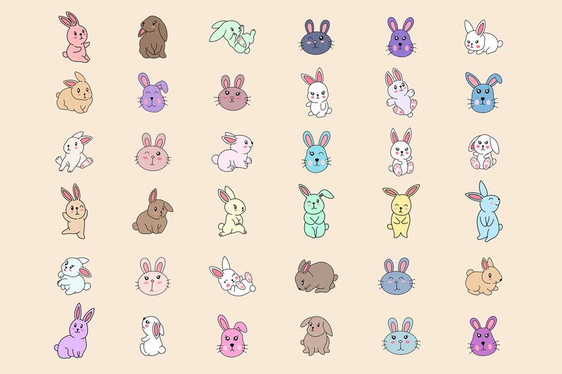 36 Set Cute Bunny Rabbit Kawaii Easter Bunnies Animals Doodle Clipart ...