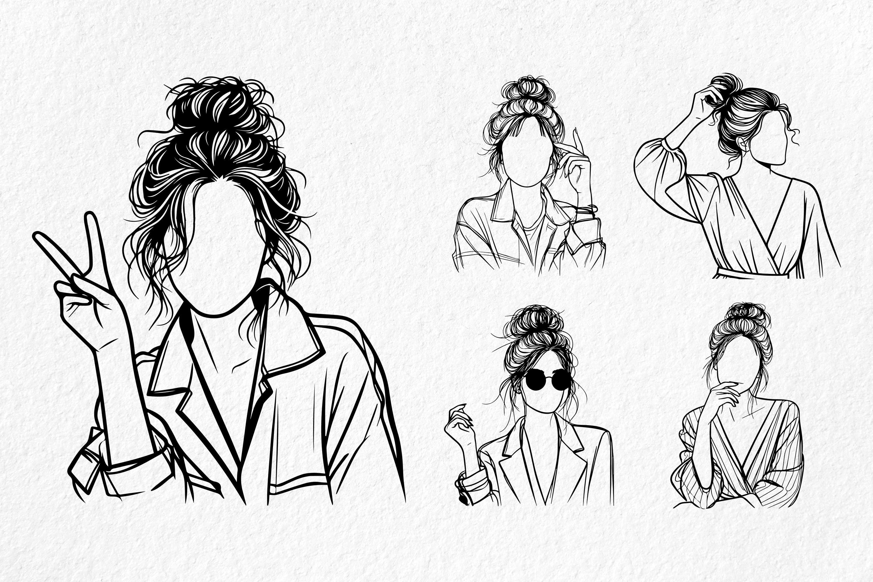 30 Bundle Line Art Beauty Women Model Pose With Messy Bun Hair Art ...