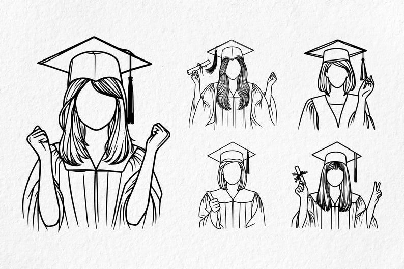 30 Bundle Line Art Happy Graduation Girl Celebrate Pose Use Gown Art ...