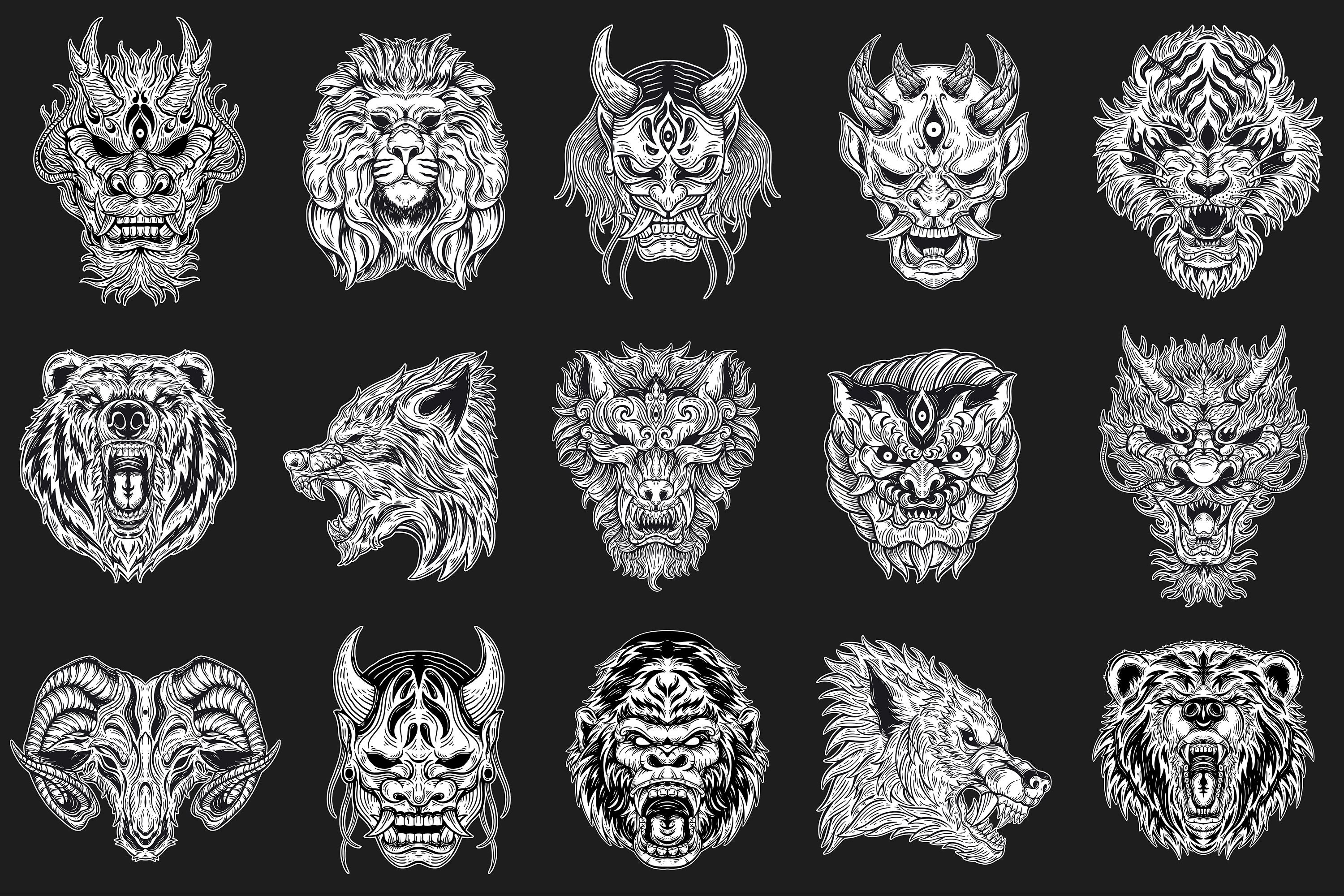 15 Bundle Beast Animal Mask Dark Art Bone Horror Tattoo Beast ...