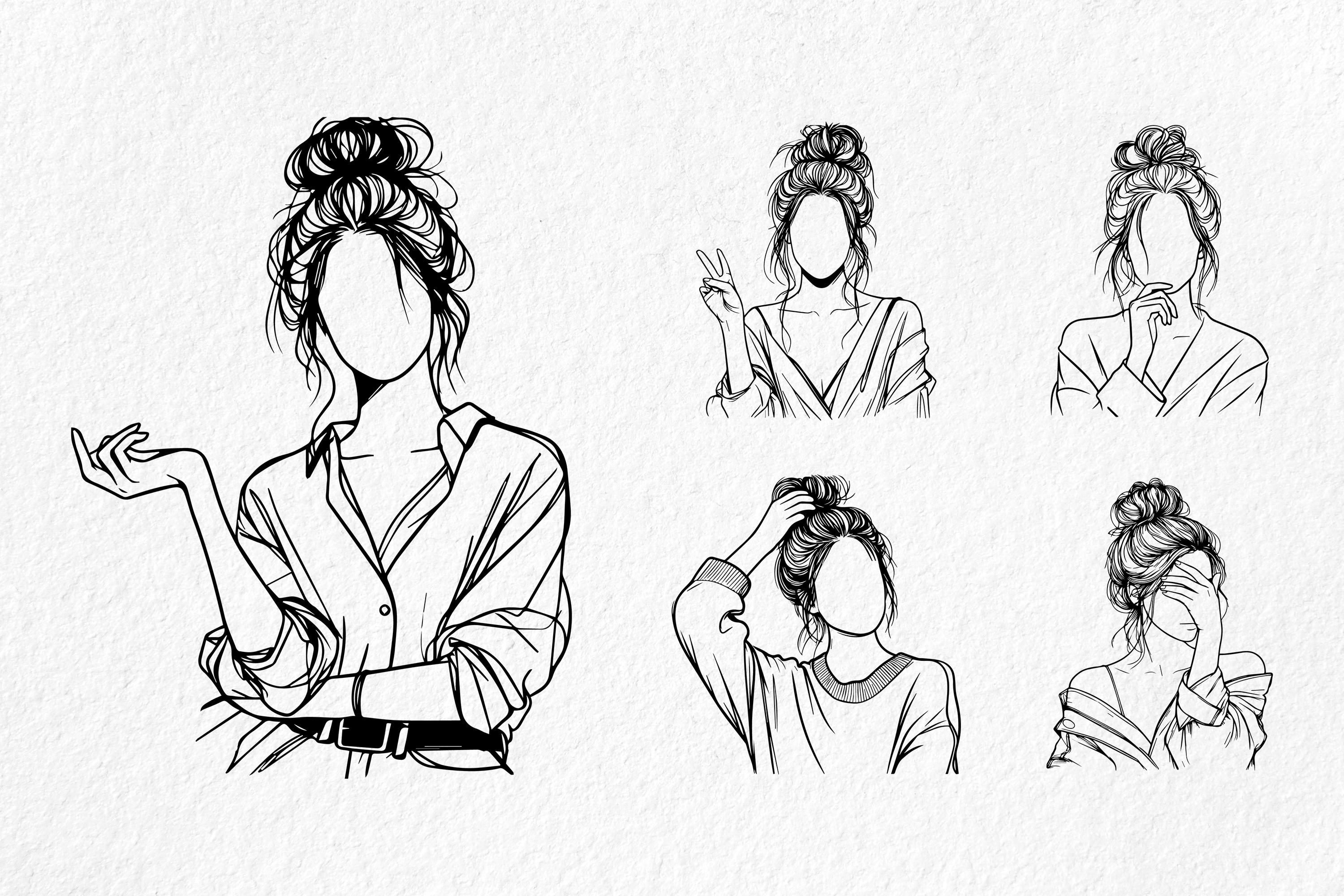 30 Bundle Line Art Beauty Women Model Pose With Messy Bun Hair Art ...
