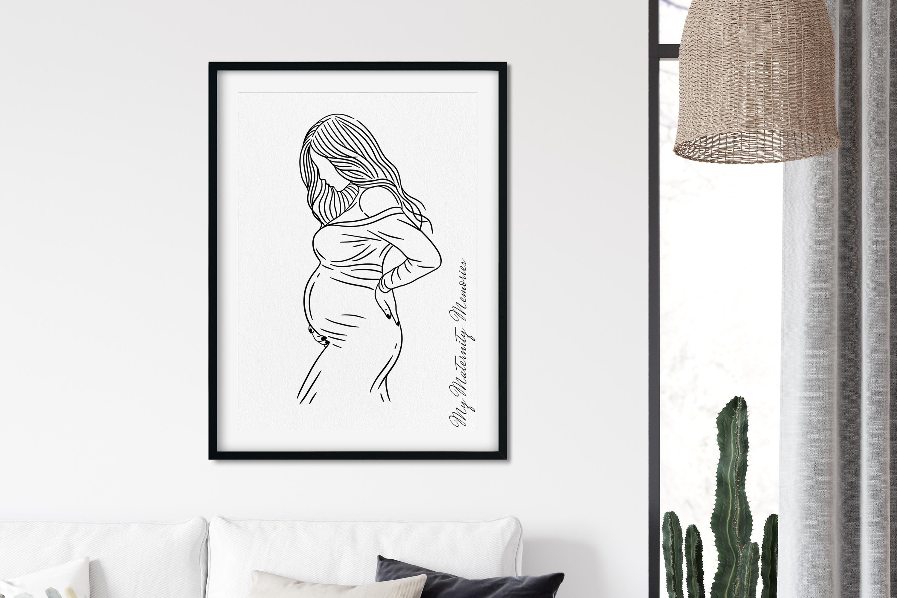 Custom Line Art Pregnant Wife Mother Women, Family Portrait, Maternity ...