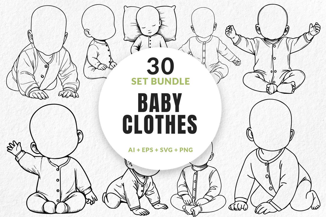 30 Bundle Line Art Happy Cute Baby Use Clothes Art Black and White ...