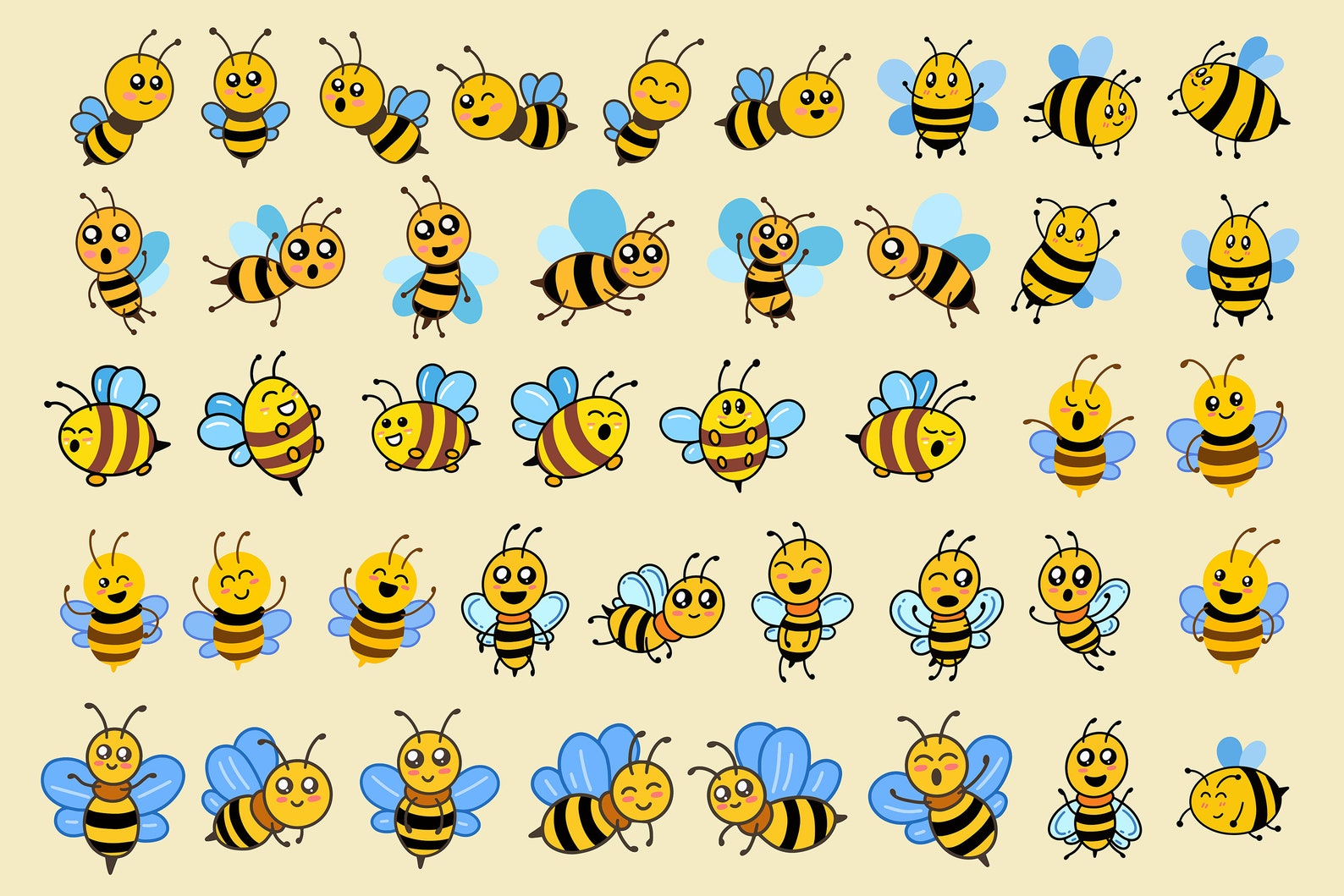 42 Set Cute Bee Honey Animal Honeycom Cartoon Clipart Little Bee Mascot ...