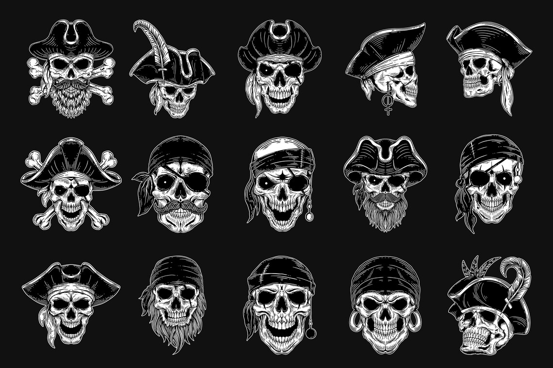 15 Set Bundle Pirate Captain Skull Head Clipart Skull Svg Bundle, Sugar ...