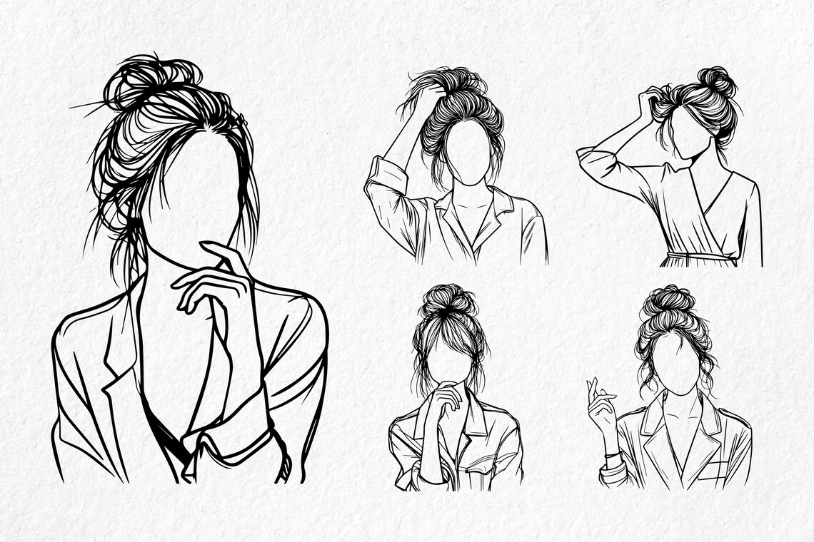 30 Bundle Line Art Beauty Women Model Pose With Messy Bun Hair Art ...