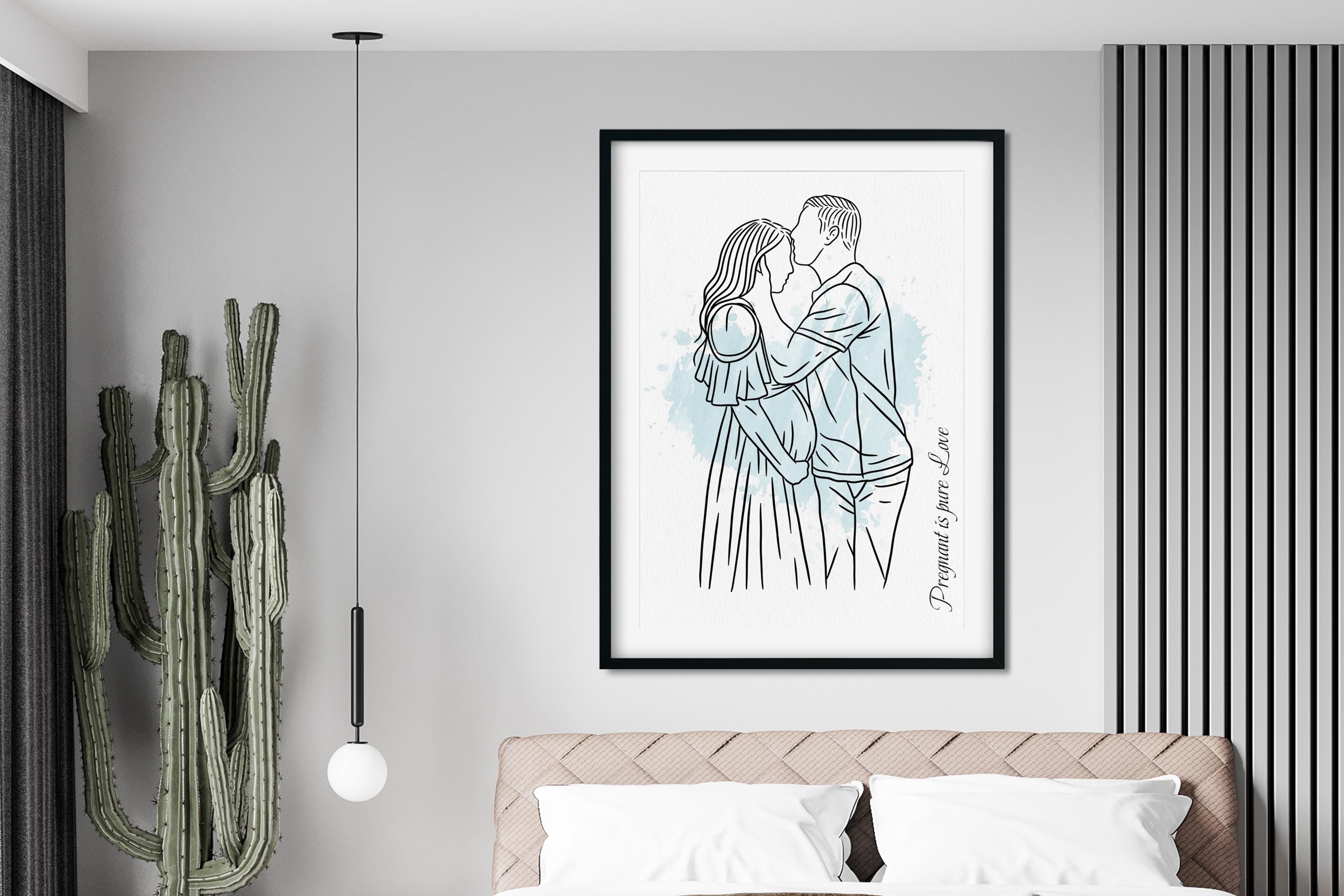 Custom Line Art Pregnant Wife Mother Women, Family Portrait, Maternity ...