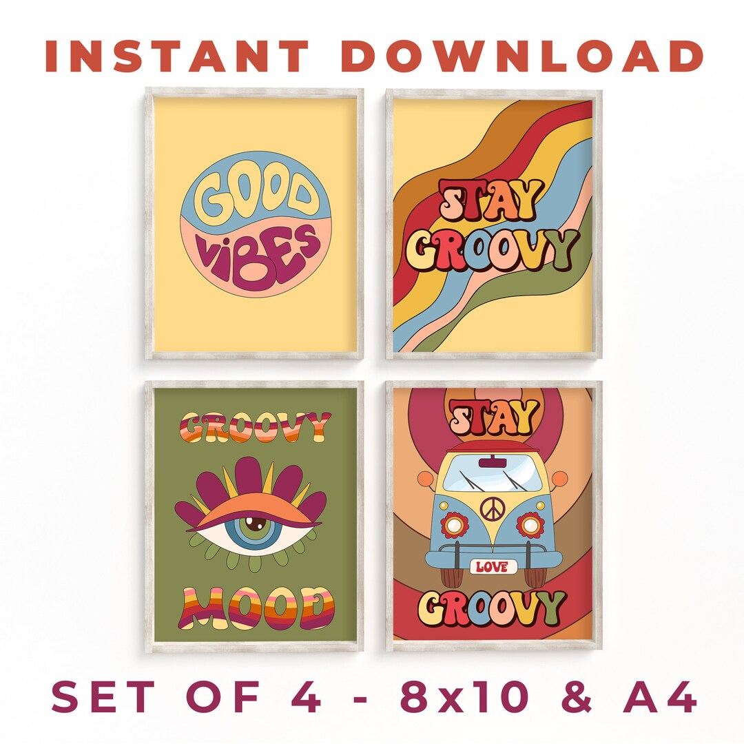 4 Printable Retro Groovy Posters 8x10, Stay Groovy Printable A4, Hippie ...