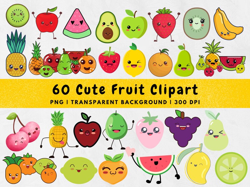 Kawaii Fruit PNG SVG, Cute Fruit Digital Bundle, Watercolor Fruit ...