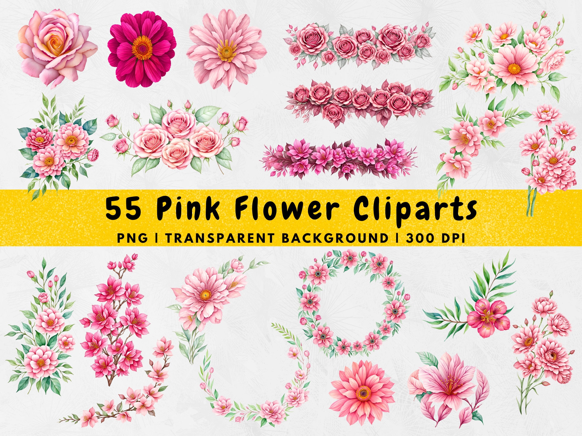 55 Watercolor Pink and White Flower Clipart, Pink Floral PNG, Spring ...