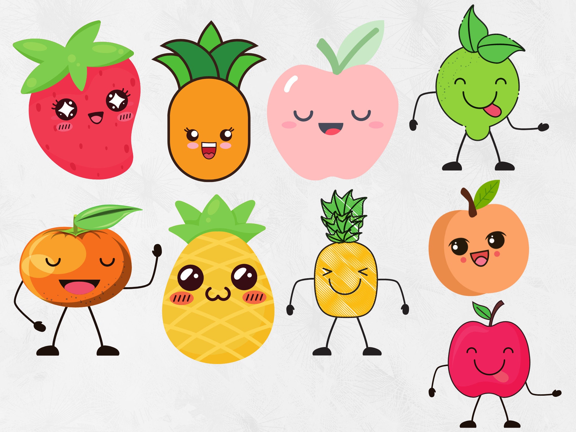 Kawaii Fruit PNG SVG, Cute Fruit Digital Bundle, Watercolor Fruit ...