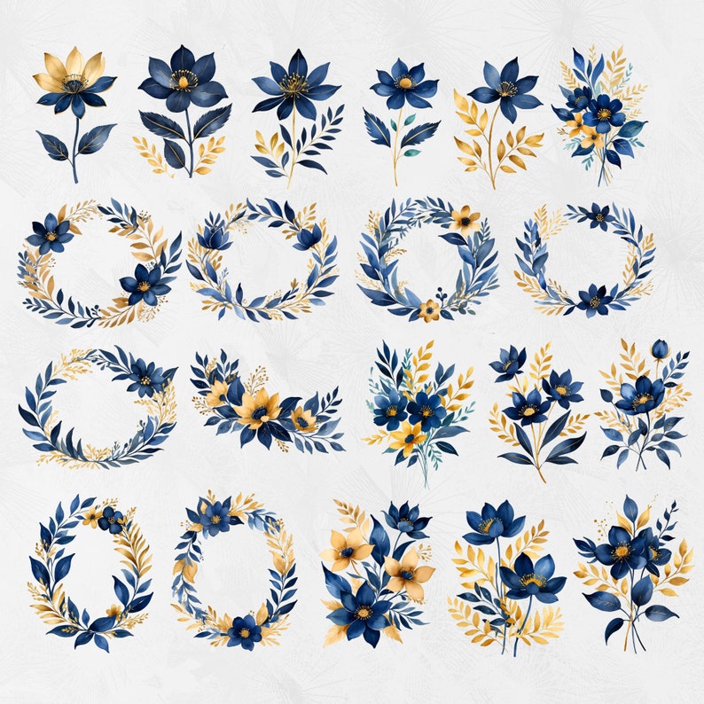 55 Watercolor Navy Blue and Gold Flower PNG, Blue Gold Glitter Floral ...