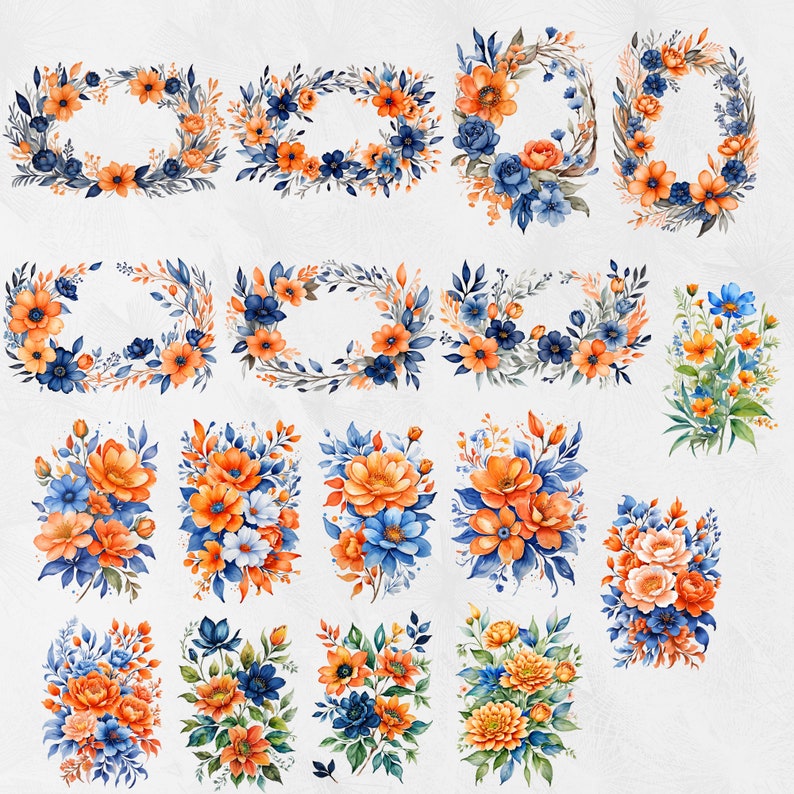55 Watercolor Orange Blue Flowers PNG, Blue Orange Floral Clipart ...