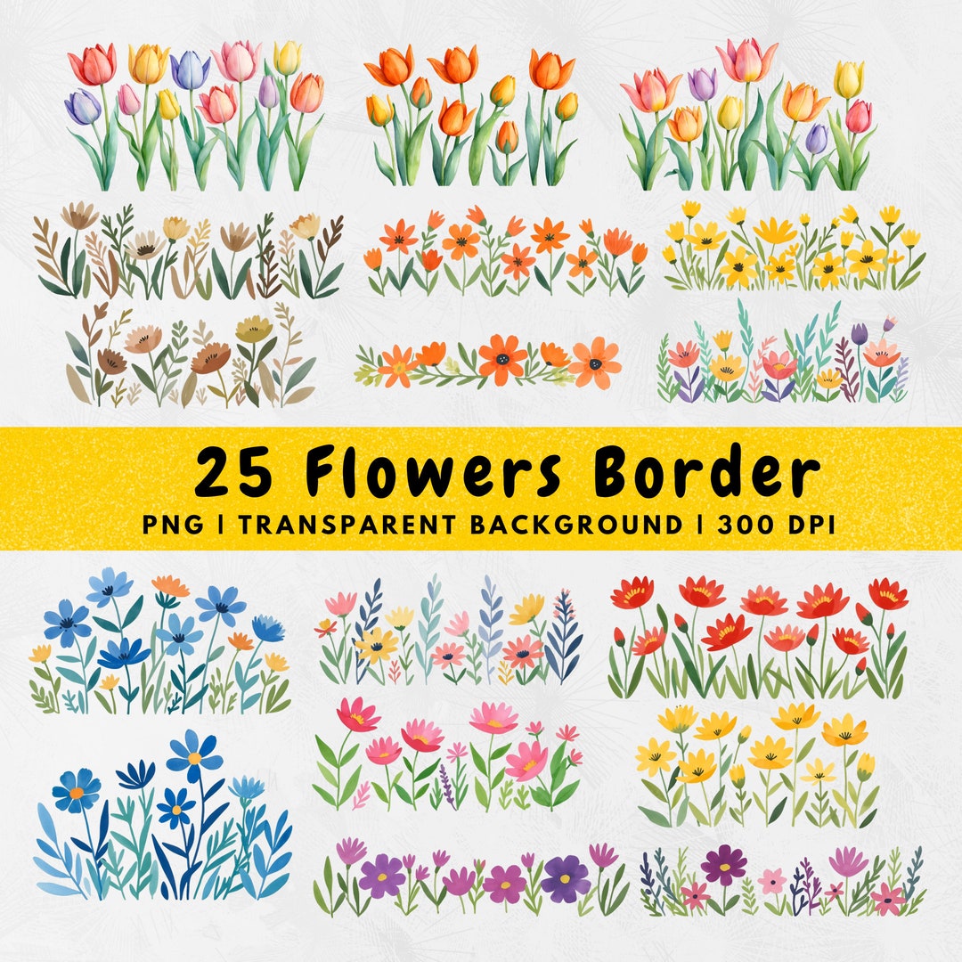 25 Watercolor Flower Border Mix PNG, Mix Floral Border Clipart Bundle ...