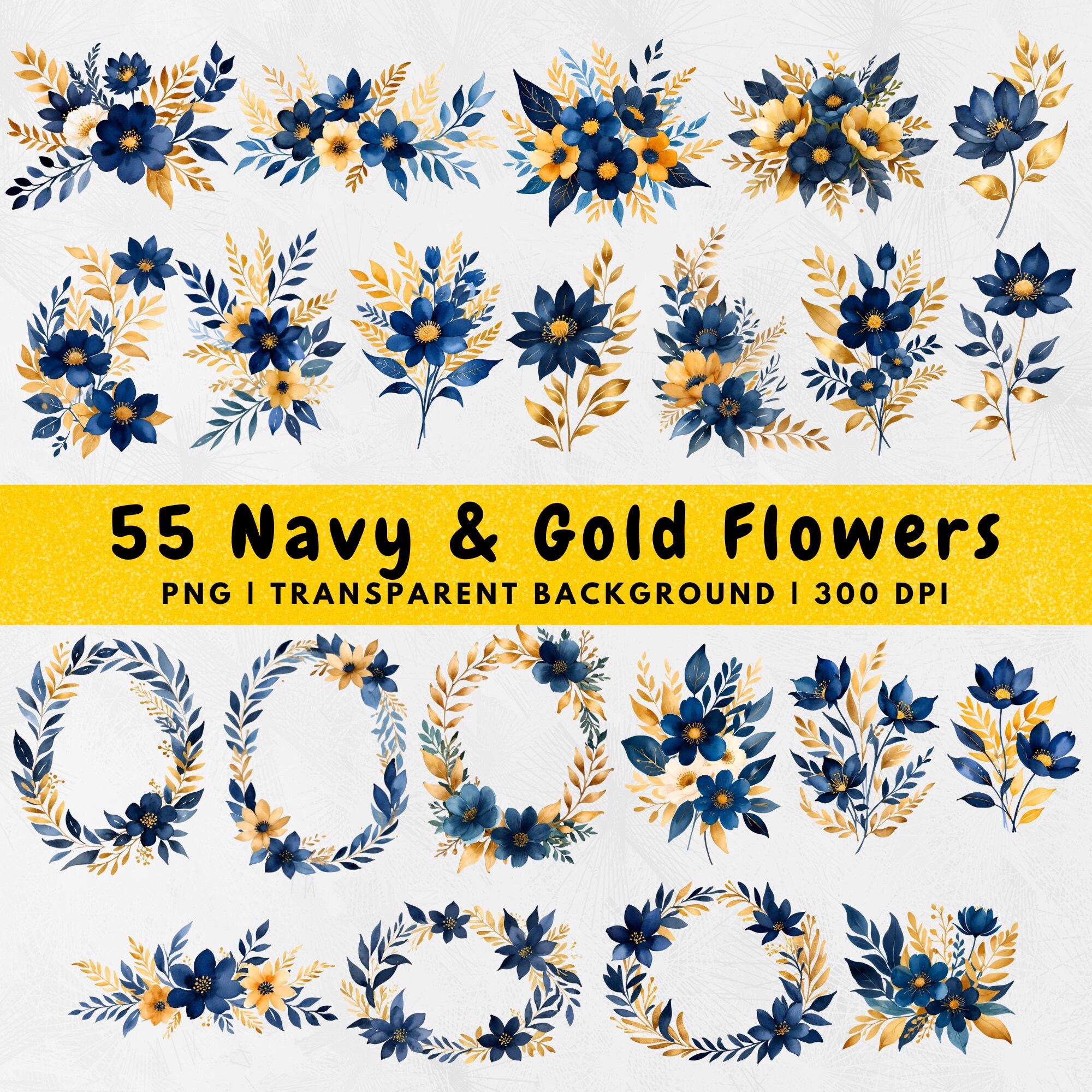 55 Watercolor Navy Blue and Gold Flower PNG, Blue Gold Glitter Floral ...