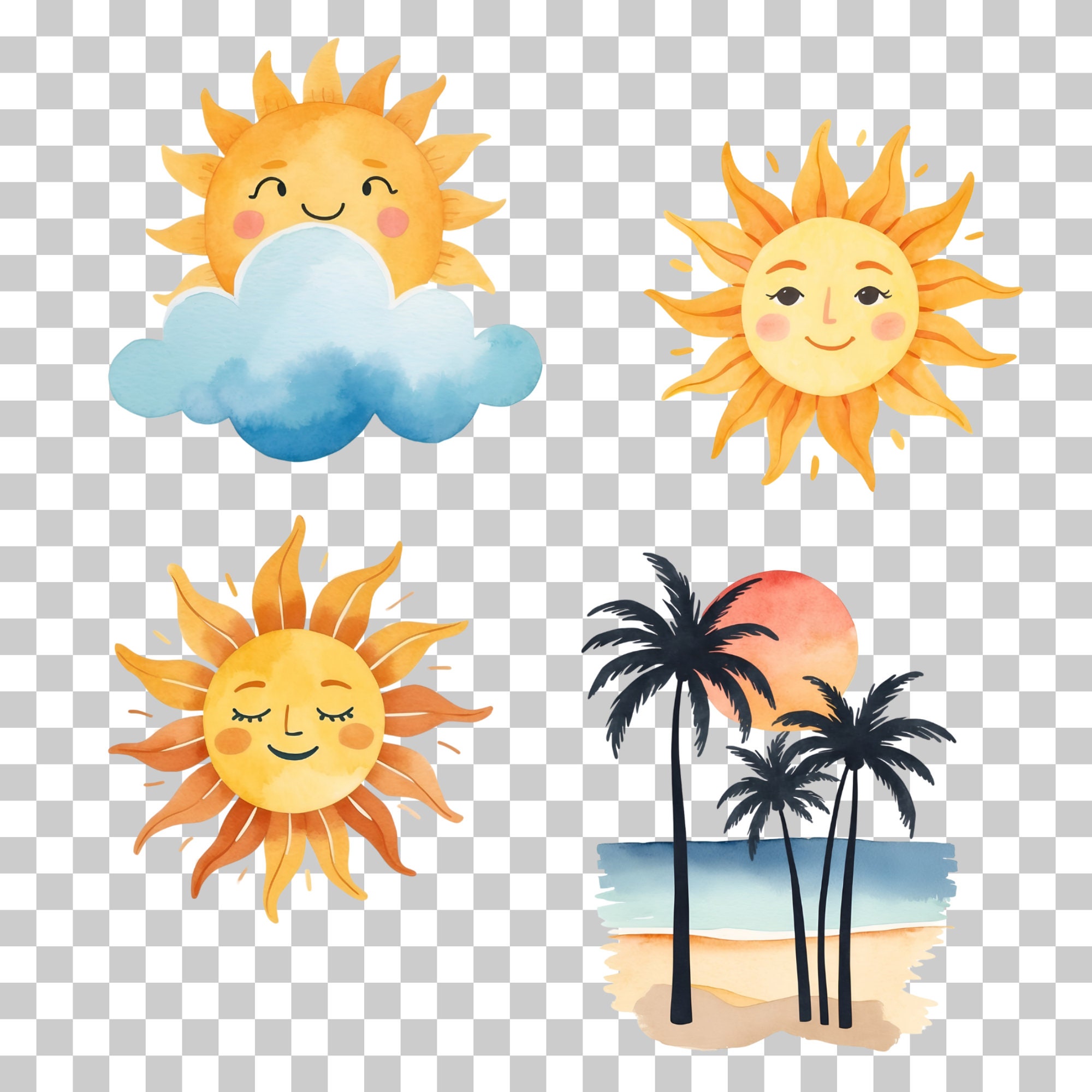 50 Watercolor Sun PNG, Smiling Sun Clipart, Spec Sun, Summer, Nursery ...