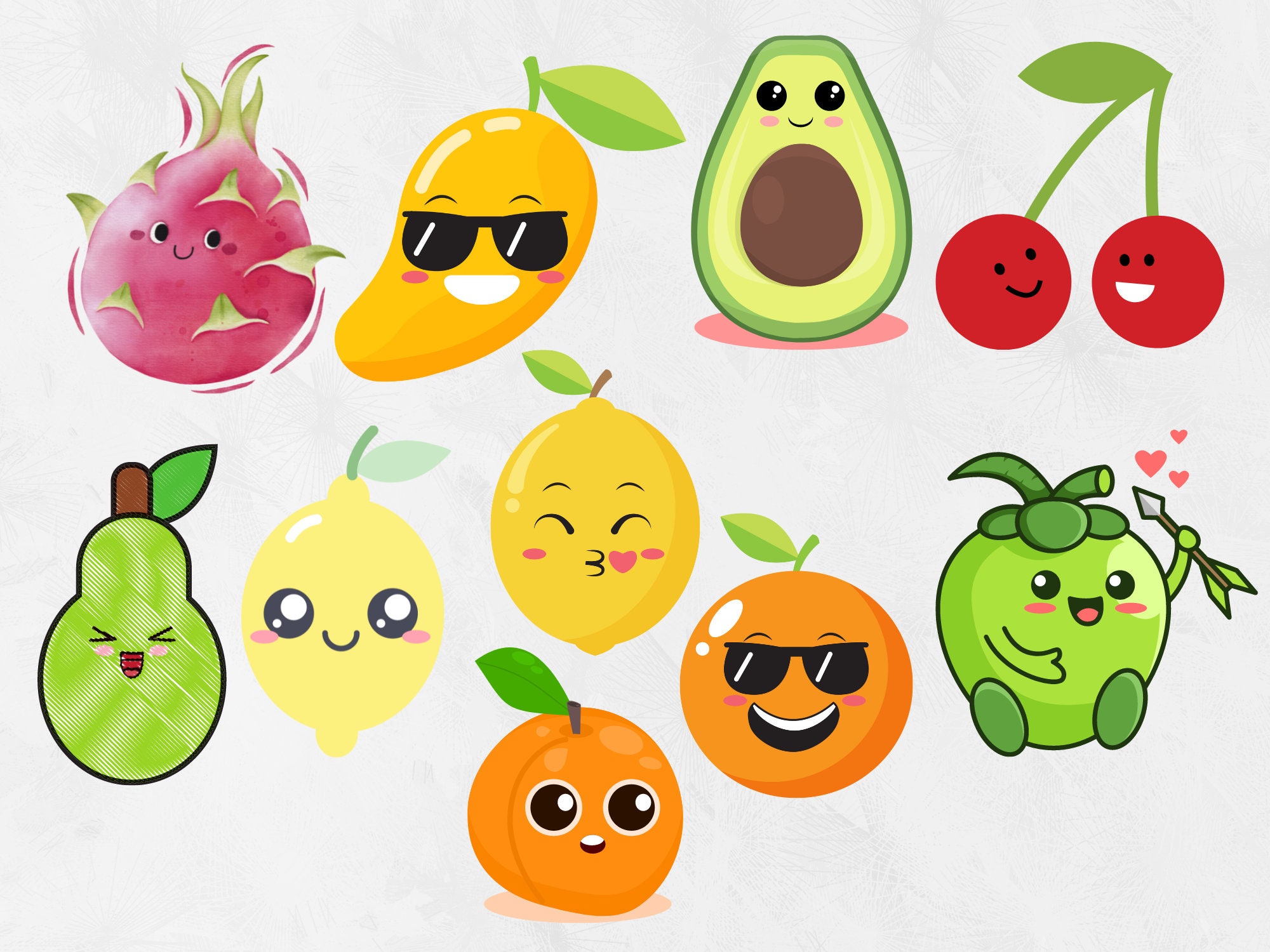 Kawaii Fruit PNG SVG, Cute Fruit Digital Bundle, Watercolor Fruit ...