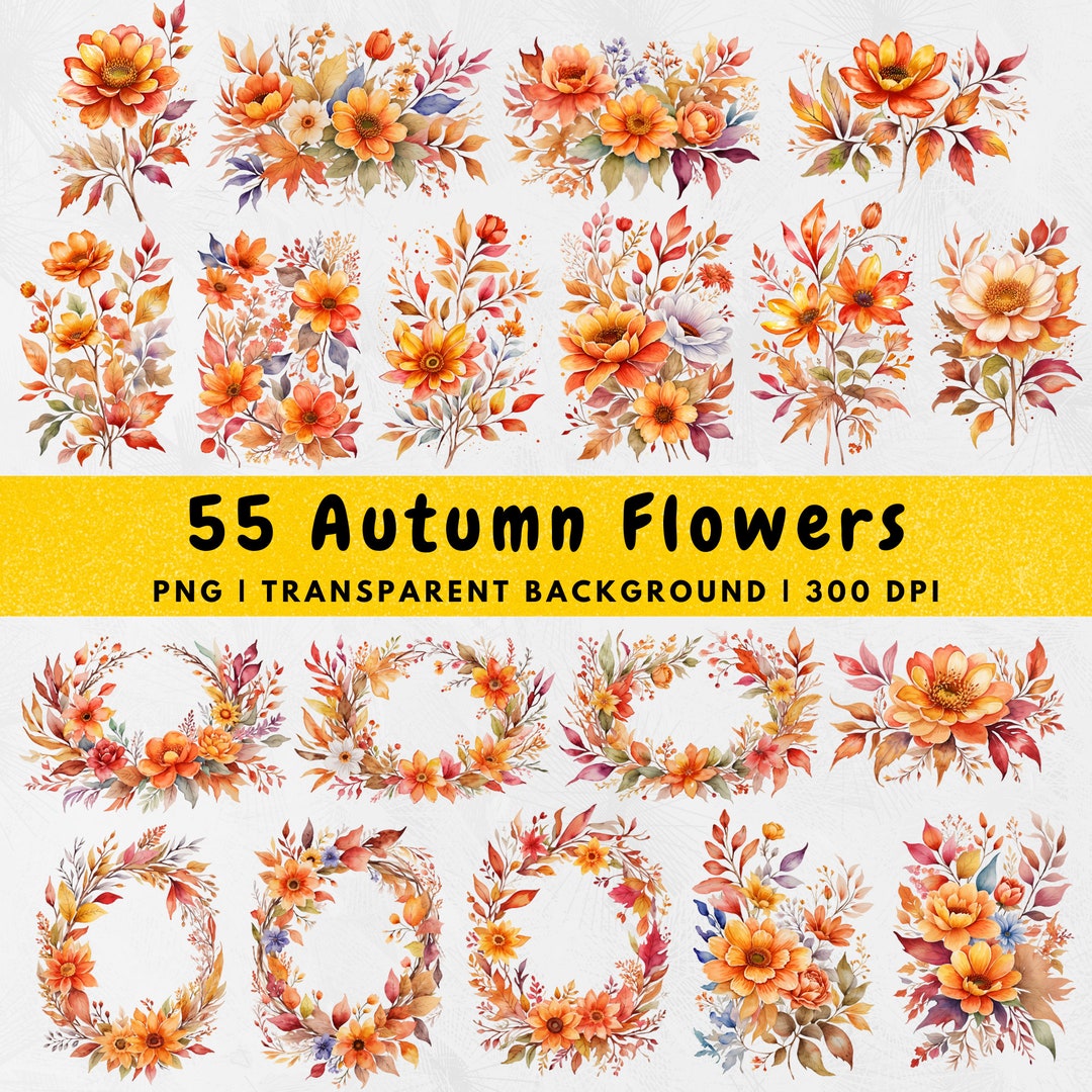 55 Watercolor Autumn Flower PNG, Autumn Floral Clipart, Autumn Bouquet ...