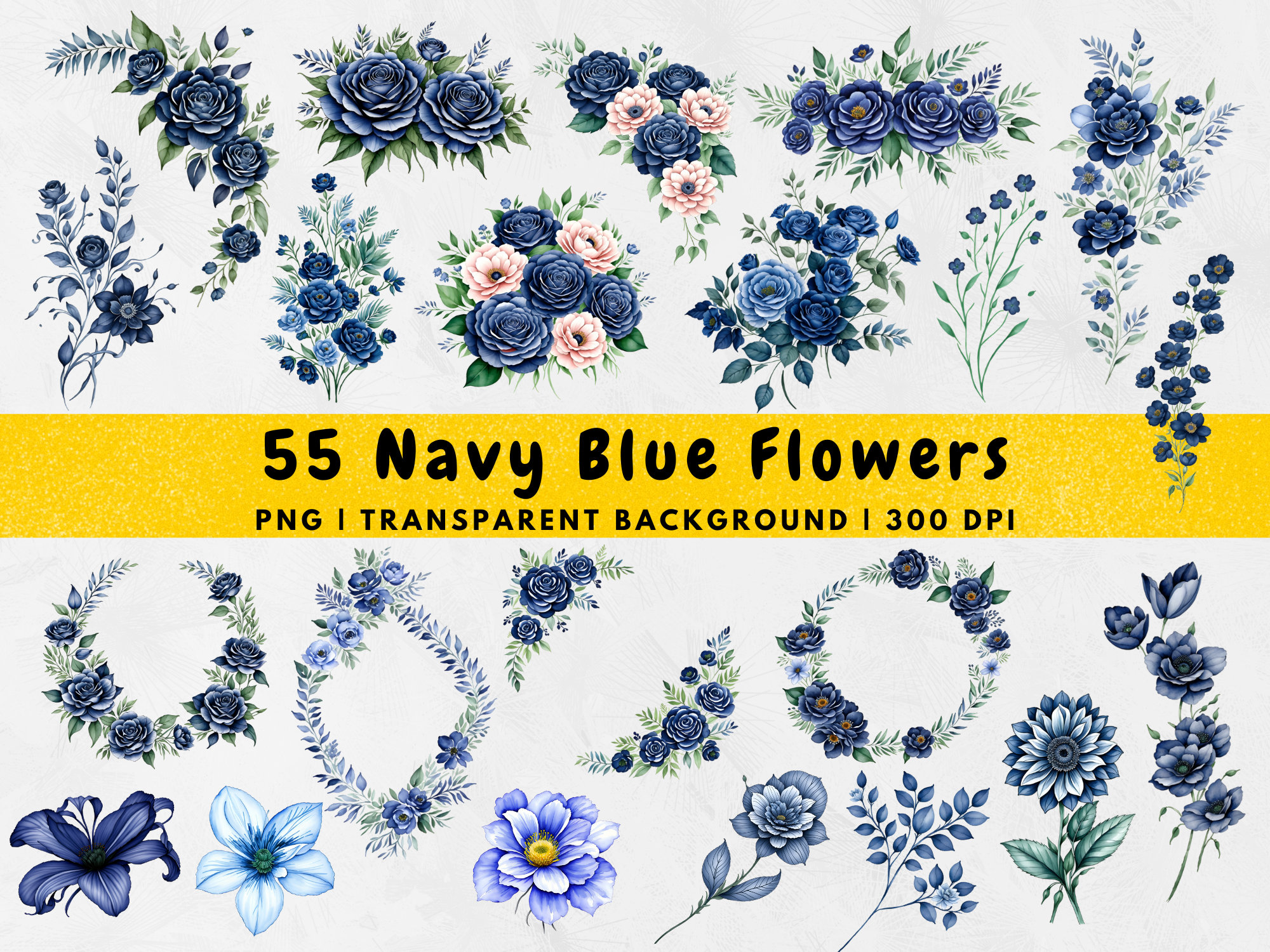 55 Navy Blue Flowers PNG, Blue Flowers PNG, Watercolor Floral Clipart ...