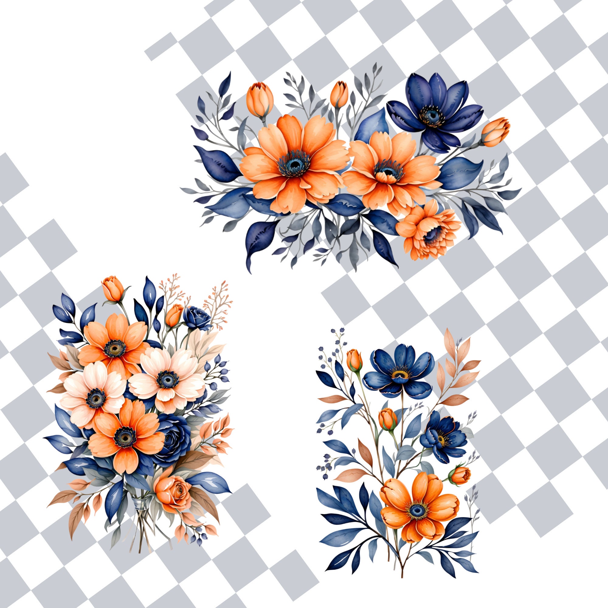 55 Watercolor Orange Blue Flowers PNG, Blue Orange Floral Clipart ...