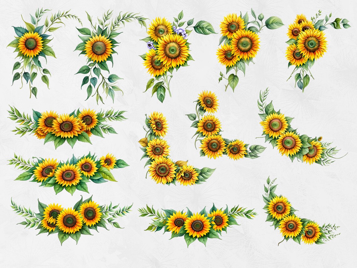 50 Watercolor Sunflowers Wreath Border Frame Sunflower Floral PNG ...
