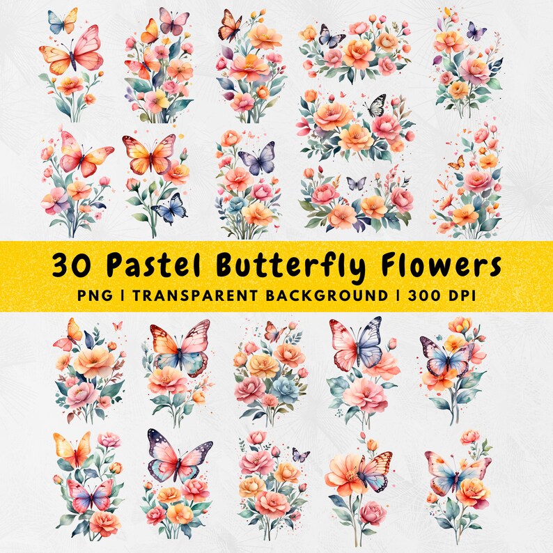 30 Watercolor Butterfly Flowers PNG, Pastel Flower Butterflies Clipart ...