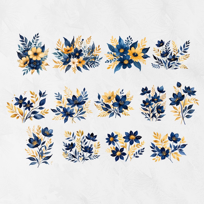 55 Watercolor Navy Blue and Gold Flower PNG, Blue Gold Glitter Floral ...