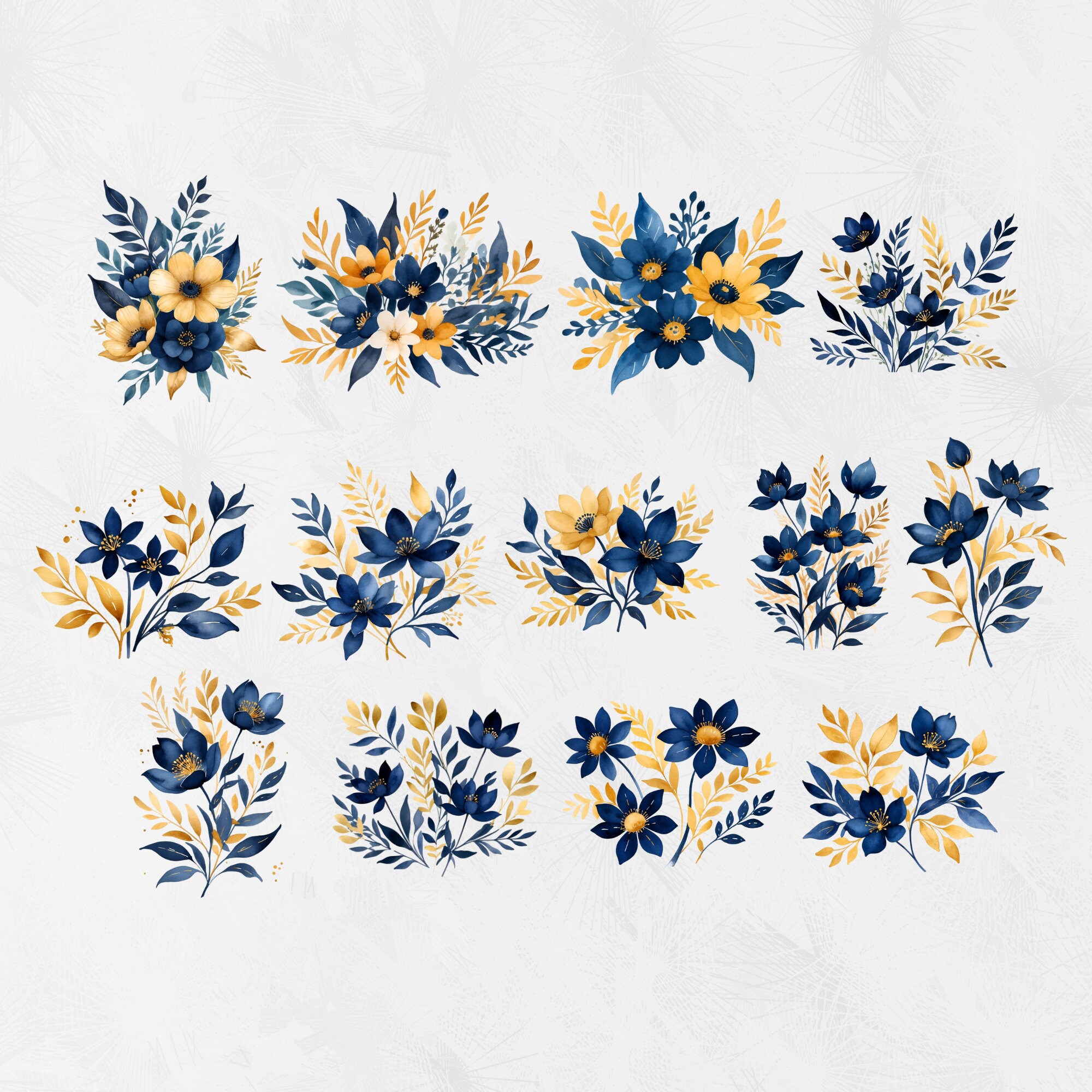55 Watercolor Navy Blue and Gold Flower PNG, Blue Gold Glitter Floral ...