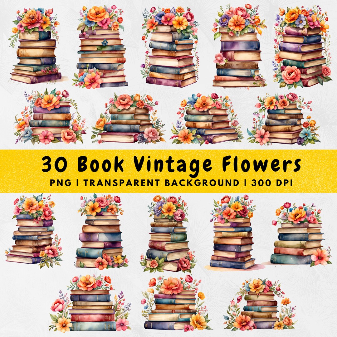 30 Vintage Book Flower PNG, Book Lover Clipart, Books Flowers, Bookish ...