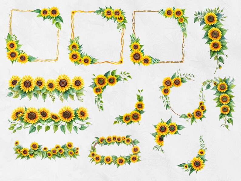 50 Watercolor Sunflowers Wreath Border Frame Sunflower Floral PNG ...