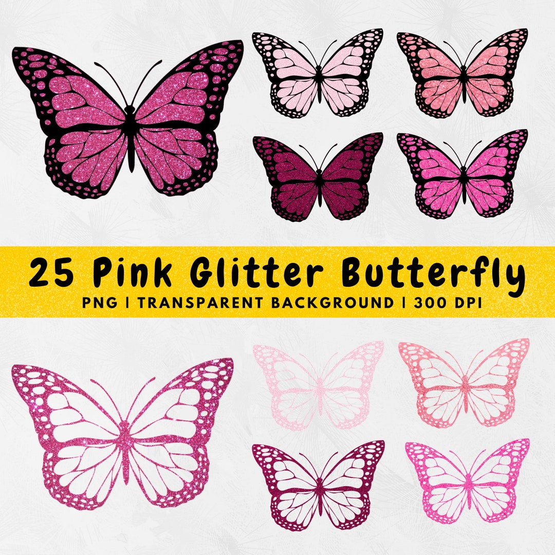 25 Pink Glitter Foil Butterfly PNG, Pink Butterflies, Digital Clip Arts ...