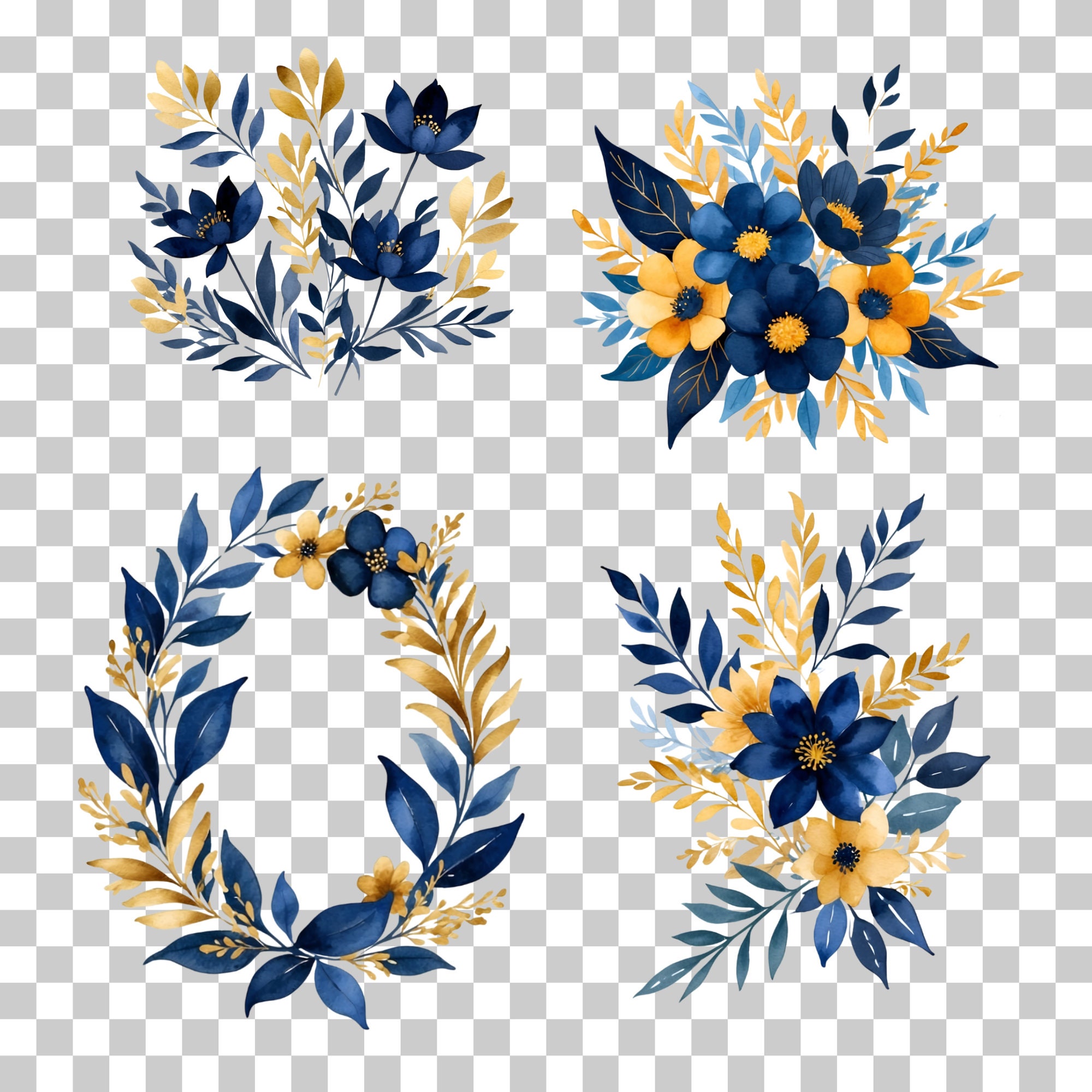 55 Watercolor Navy Blue and Gold Flower PNG, Blue Gold Glitter Floral ...